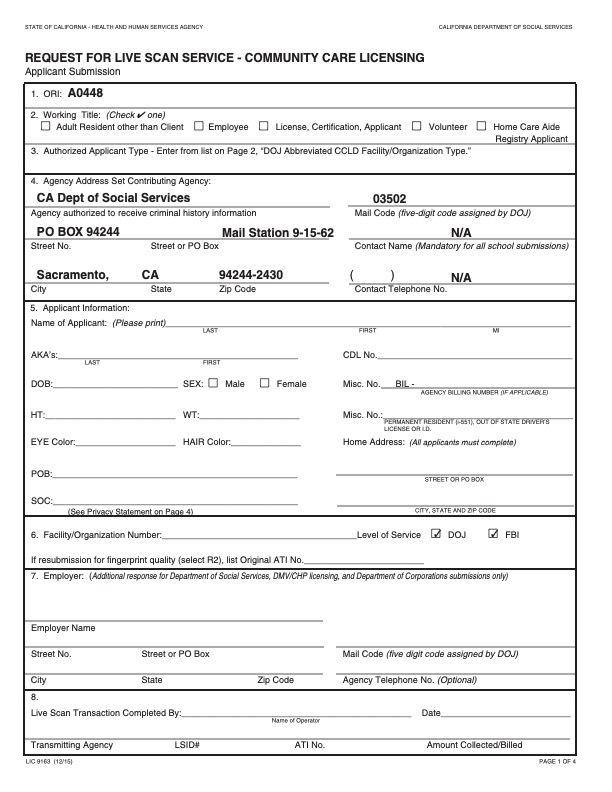 Live Scan Fees for Community Care Licensing (CCLD) Applicants